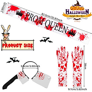 Jiuguva 4 Pcs Halloween Blood Prom Queen Costume Zombie Cosplay Accessory Set Including Knife Headband White Bloody Gloves Prom Queen Satin Sash for Women Girls Halloween Dress up Party Prop Supplies