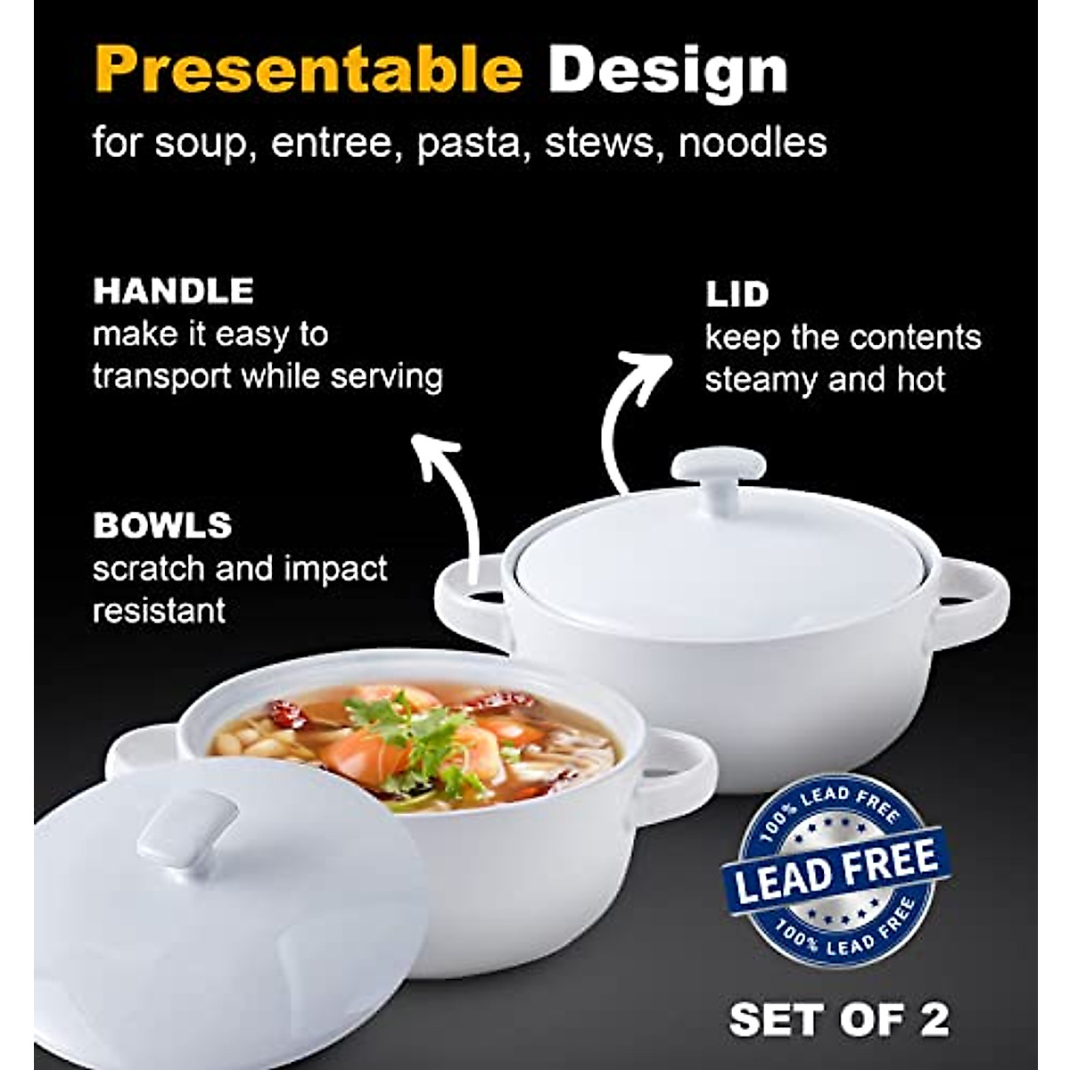 Bruntmor 20 Oz Round Soup Crock With Lid, Ceramic Serving White Soup Bowl With Large Loop Handle, White Ceramic bakeware with lid, French onion soup, Cereals, Oven and Dishwasher Safe- White