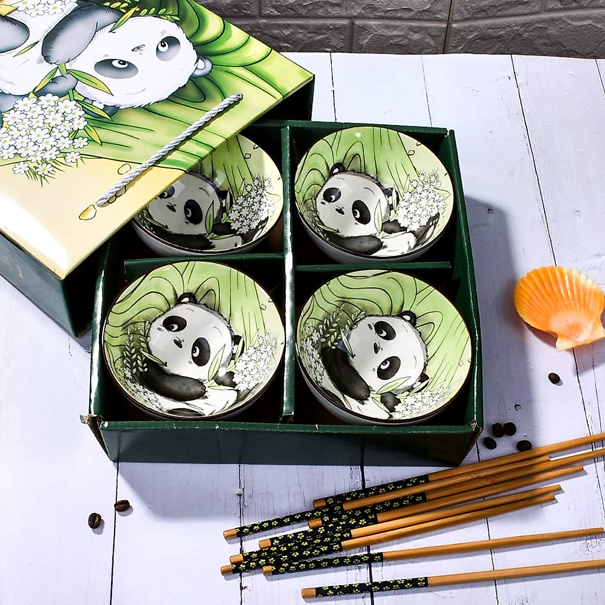 BOSILI Cute Panda Rice Bowls and Chopsticks set, Ceramic Rice Bowls for Dessert Soup Rice As A Good Gift (4 pieces)