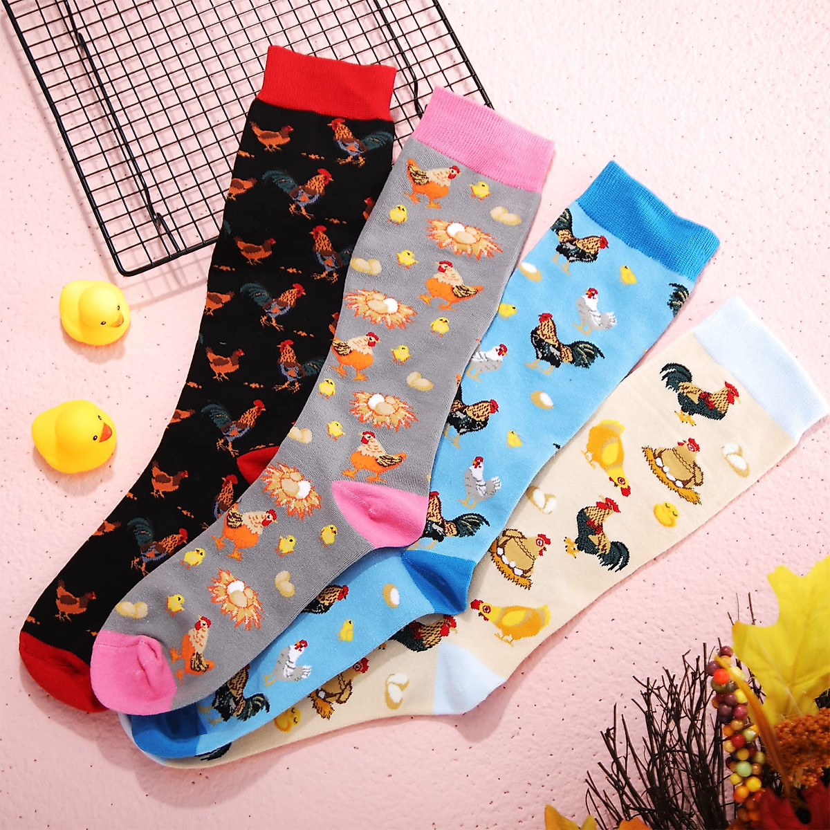 4 Pairs Funny Animal Knee Socks Novelty Animal Lovers Gifts Warm Horse Sloth Chicken Stockings for Women Men Girls (Chicken)