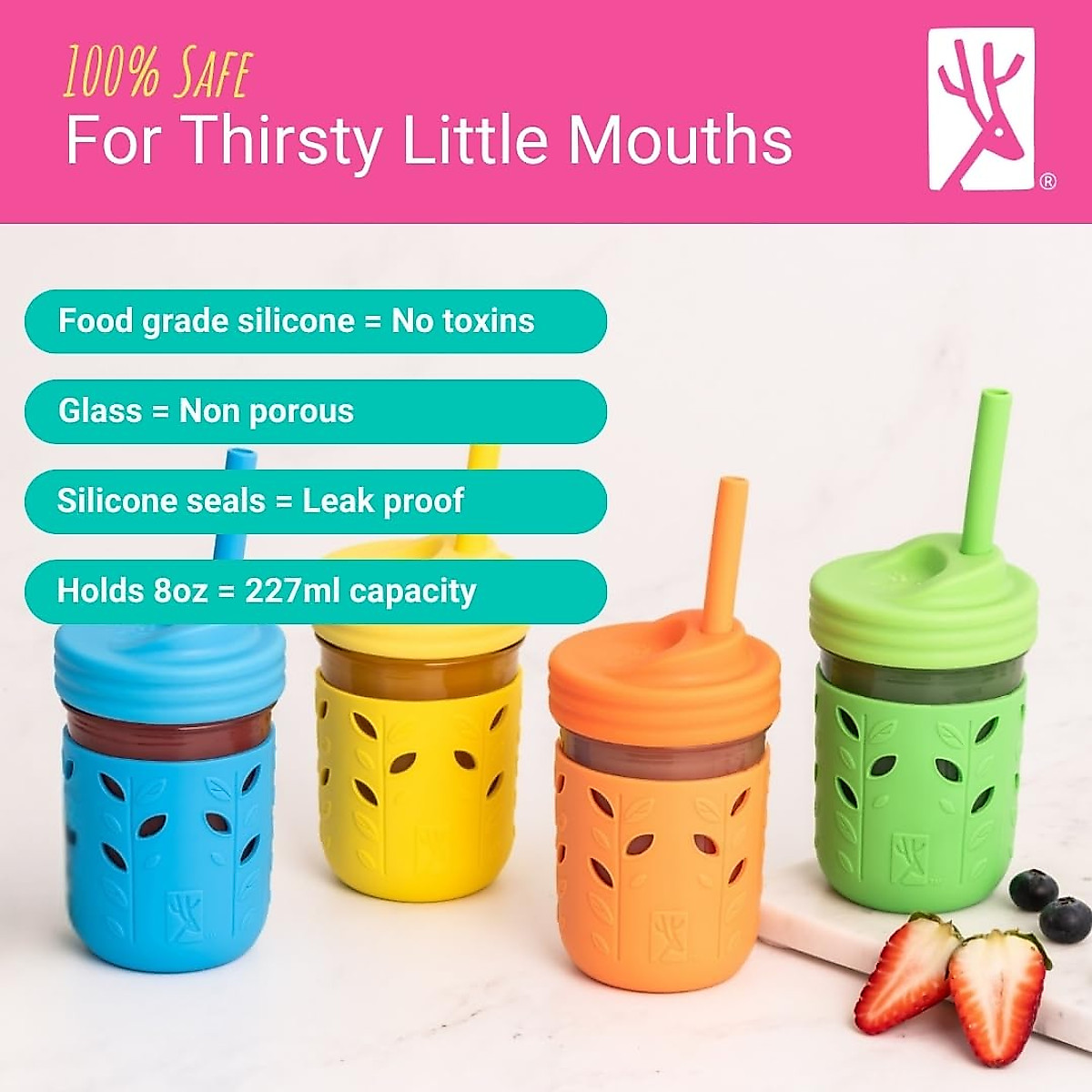 Elk and Friends Kids & Toddler Cups | The Original Glass Mason jars 8 oz with Silicone Sleeves & Silicone Straws with Stoppers | Smoothie Cups | Spill Proof Sippy Cups for Toddlers
