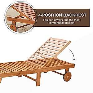 Outsunny Outdoor Folding Chaise Lounge Chair Recliner with Wheels, Acacia Wood Frame - Teak Color