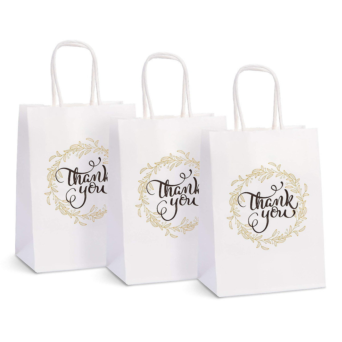 OSpecks 50 Count Small Thank You Gift Bags Bulk with Handles, White Kraft Paper Bags for Retail Shopping, Wedding, Goodies, Merchandise for Customers or Guests, Size 5.25 x 3.75 x 8 Inches