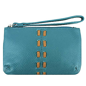 SILVERFEVER Cowhide Leather Wristlet Purse Wallet Whipstitched Detail (Turquoise)