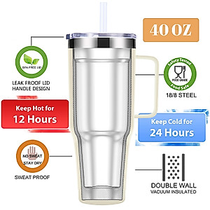 momocici 40 oz Tumbler with Handle and Straw Lid.40oz Insulated Travel Mug Handle.40oz Coffee Cup Handle.Keep Drinks Cold & Hot,Leak Proof Lid,Dishwasher Safe., Cream, (DrinkTUM-Hx2)