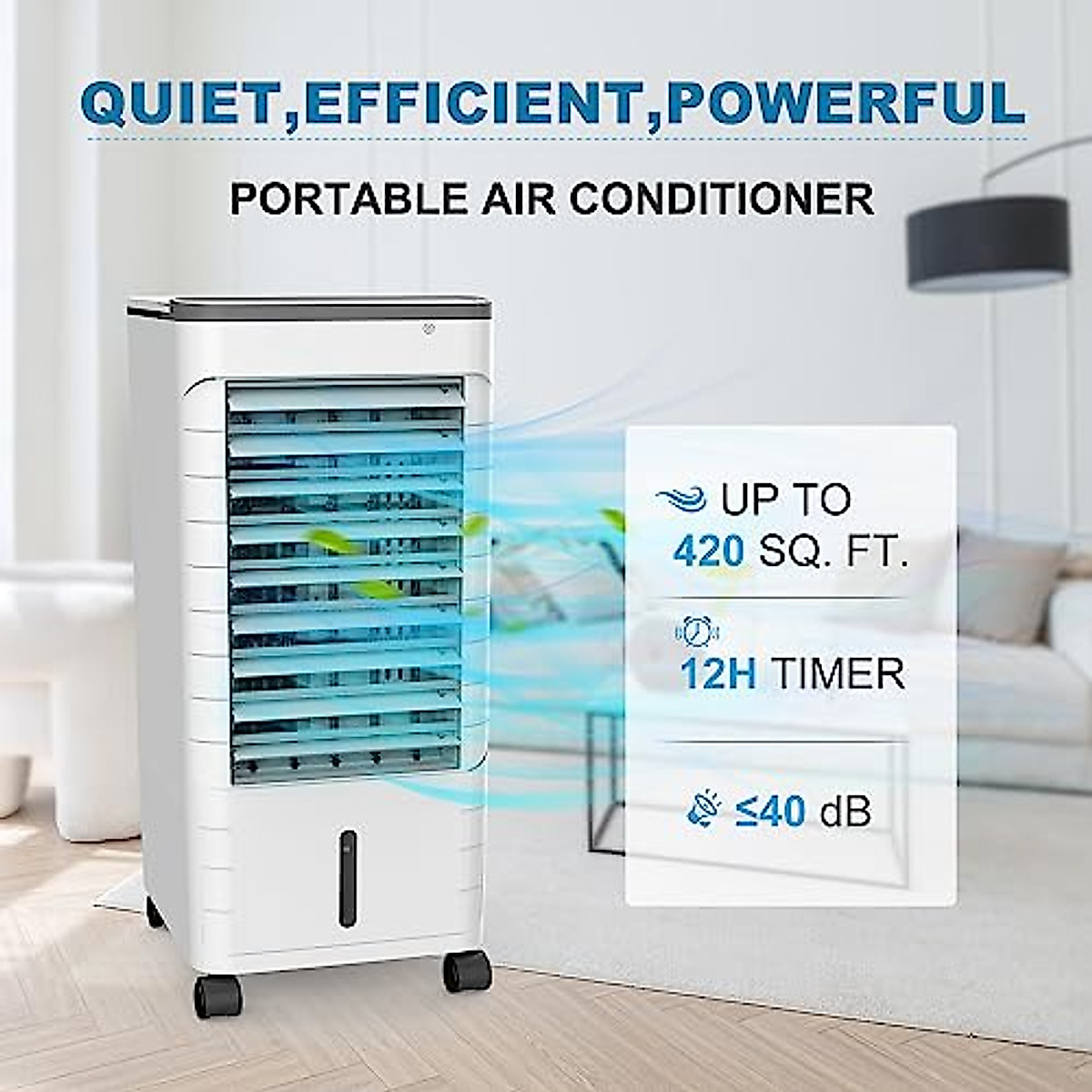 Portable Air Conditioner 3-IN-1 Evaporative Air Cooler, Adjustable Normal/Sleep/Cool Modes, 3 Speeds, 20Ft Remote Control & LED Panel, 12 Hour Timer, 100 Degree Oscillation, 5 Ice Packs