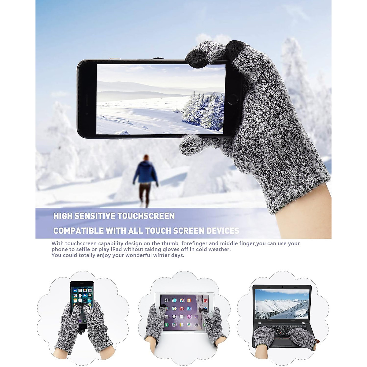 Womens Winter Warm Knit Beanie Hat Touchscreen Gloves Long Neck Scarf Set with Fleece Lined Skull Caps Gifts for Women Men