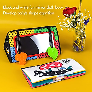 DASIGJID Tummy Time Mirror Baby Toys - High Contrast 3D Activity Montessori Soft Crinkle Foldable Sensory Toy with Infant Silicone Teether for 0-3 Years Babies Boys Girls