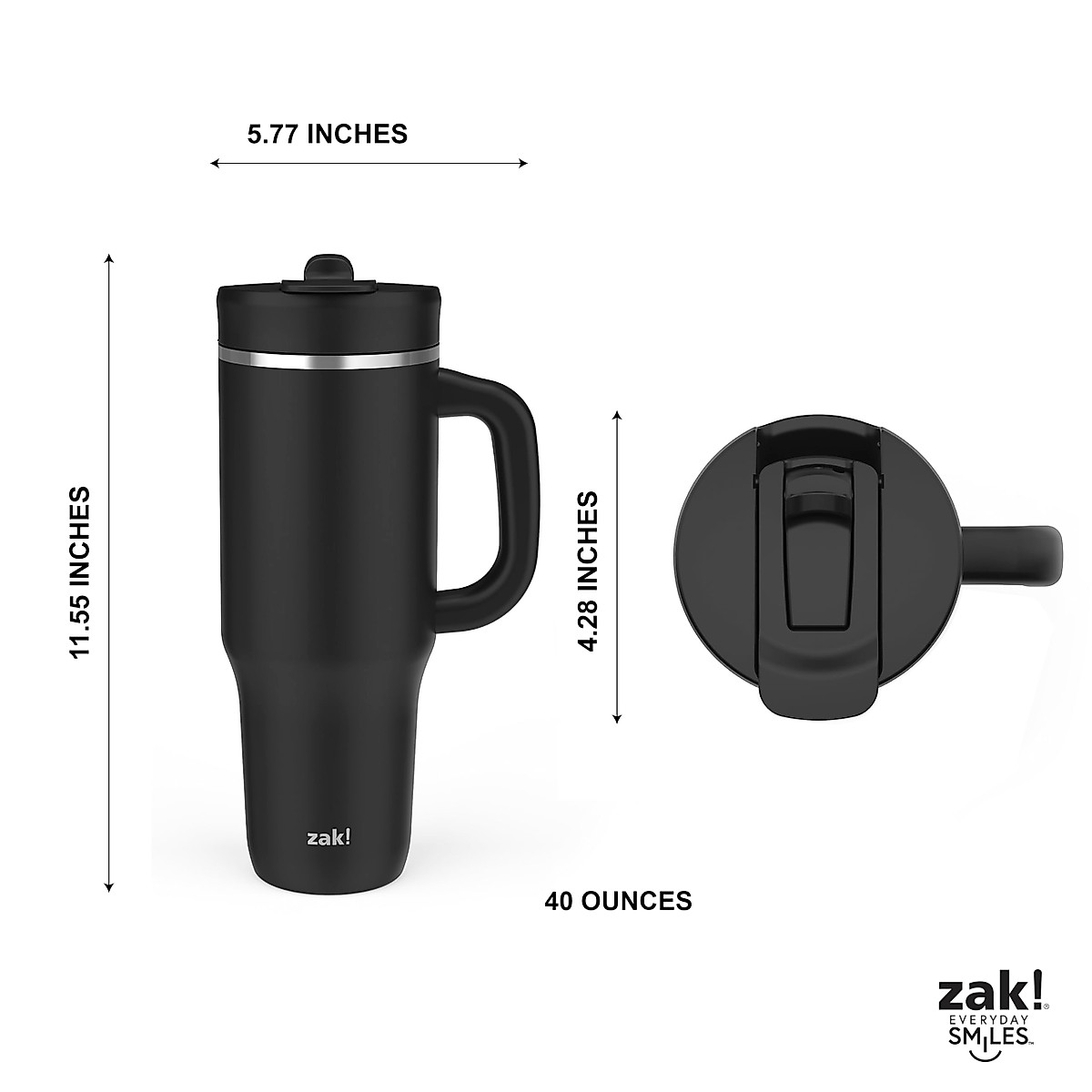 Zak Designs Harmony 2-in-1 Coffee Tumbler for Travel or At Home, 40oz Recycled Stainless Steel is Leak-Proof When Closed and Vacuum Insulated with Handle (Ebony Black)