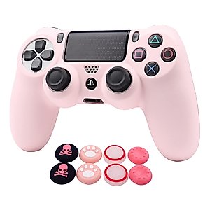 RALAN Pink Controller Skins for PS4, Silicone Controller Cover Skin Protector Compatible with PS4 Slim/PS4 Pro Controller (Pink Pro Thumb Grip x 6,Skull Cap Grip x 2)(Camouflage Pink+White Pink