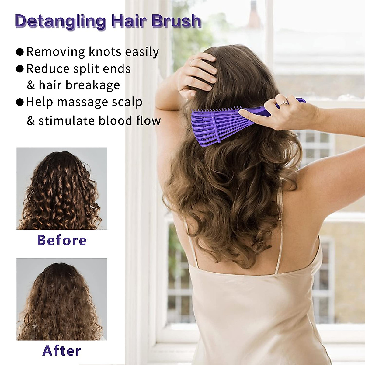 EZ Detangler Brush Set, MORGLES Detangling Hair Brush for Black Natural Hair Wide Tooth Comb with Rat Tail Comb 5PCS Alligator Clips for Men Women Kids(Purple)