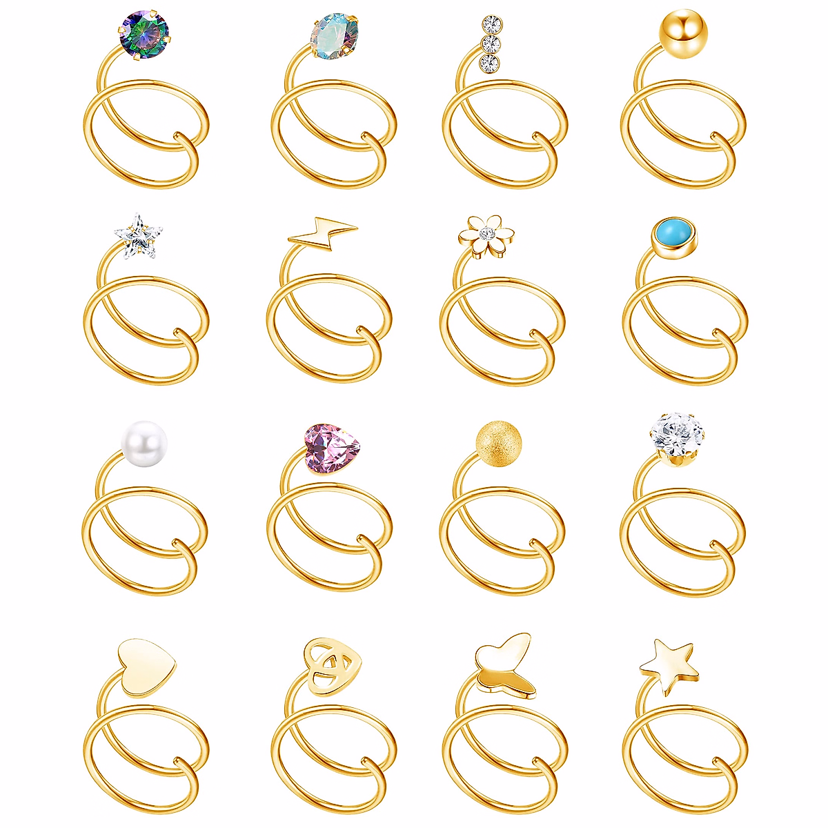 FASACCO Double Nose Ring Hoop for Single Piercing 20 Gauge Stainless Steel Nose Hoop Spiral Star Pearl CZ Butterfly Twist Nose Ring Hoops Double Hoop Earrings for Women Gold Tone