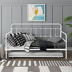 Oudiec Twin Size Metal Daybed with Trundle, Sofa Bed Frame Steel Slat Support for Teenagers/Adult Bedroom, Space Saving Design & No Box Spring Needed, White