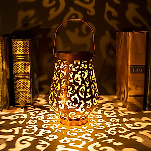 JOIEDOMI 2 Pack Outdoor Solar Hanging Lantern Lights, Waterproof Table Top Solar Lanterns, LED Metal Decorative Garden Solar Lights, Moroccan Lanterns Solar Powered with Handle for Patio