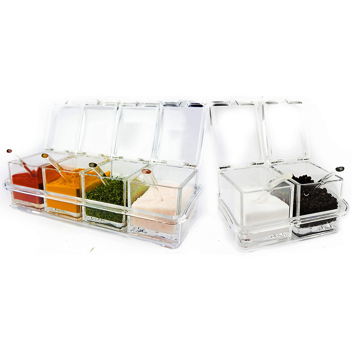 Six Compartment Condiment & Spice Box Serving Set with Spoons - 2 & 4 Section Seasoning Storage Container Rack Combo Set with Removable Cruet Jars (5.75 oz capacity each) | by ImpiriLux