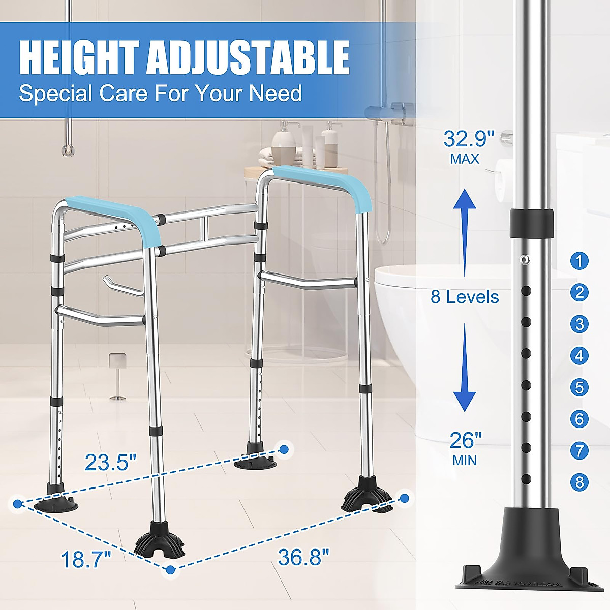 UGarden Upgraded Toilet Safety Rail, 380LB Stainless Steel Toilet Frame with Non-Slip Handles & Paper Holder, Adjustable Detachable Handicap Toilet Rails, Foldable Toilet Support Frame for Elderly