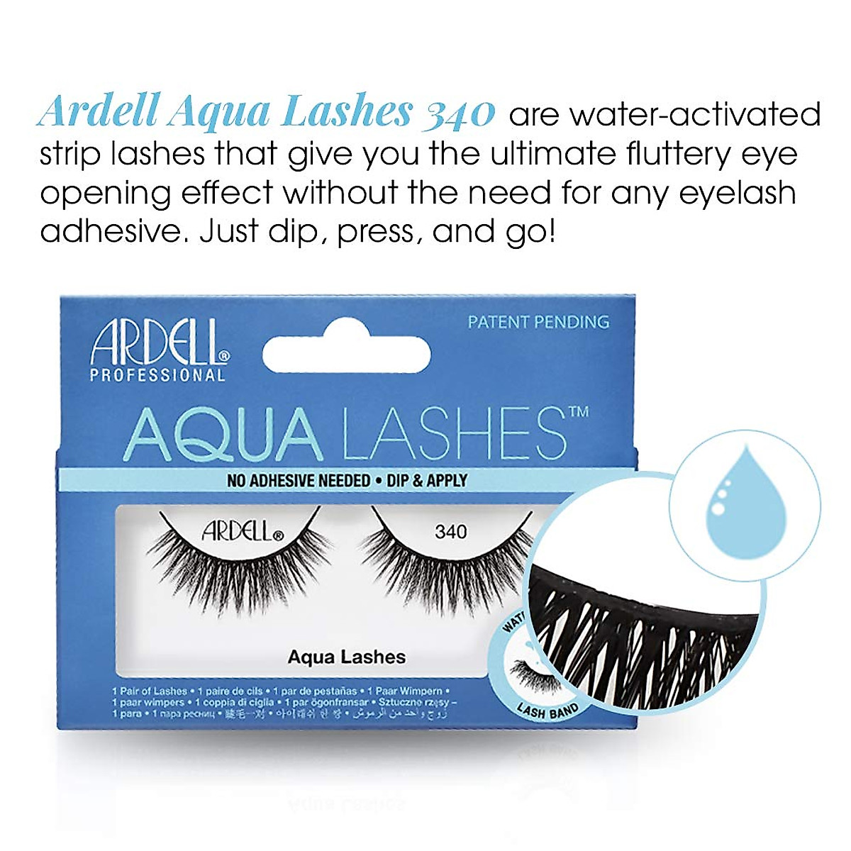 Ardell Aqua False Strip Lashes 340, Water Activated, Reusable Faux Lash, No Lash Glue Required, 4 Pack