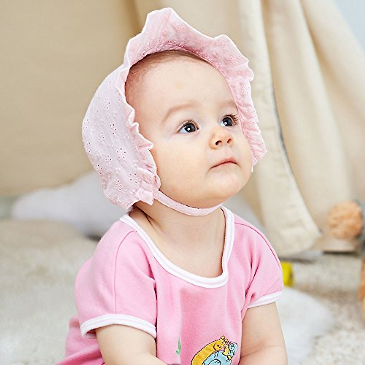 Keepersheep Infant Baby Girls' Bonnet Hat Cap, Cotton Flower Print Embroidery Bonnet(12-18 Months, White)