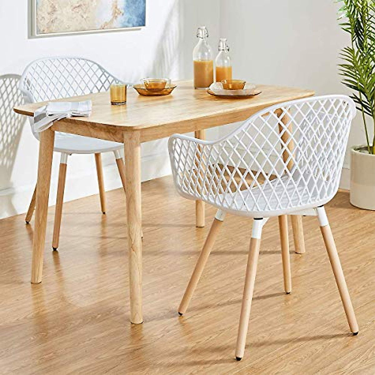 CangLong Modern Natural Wood Legs Easily Assemble Mid Century Molded Plastic Shell Arm Hollow Out Chair for Living, Bedroom, Kitchen, Dining, Waiting Room, set of 2,White