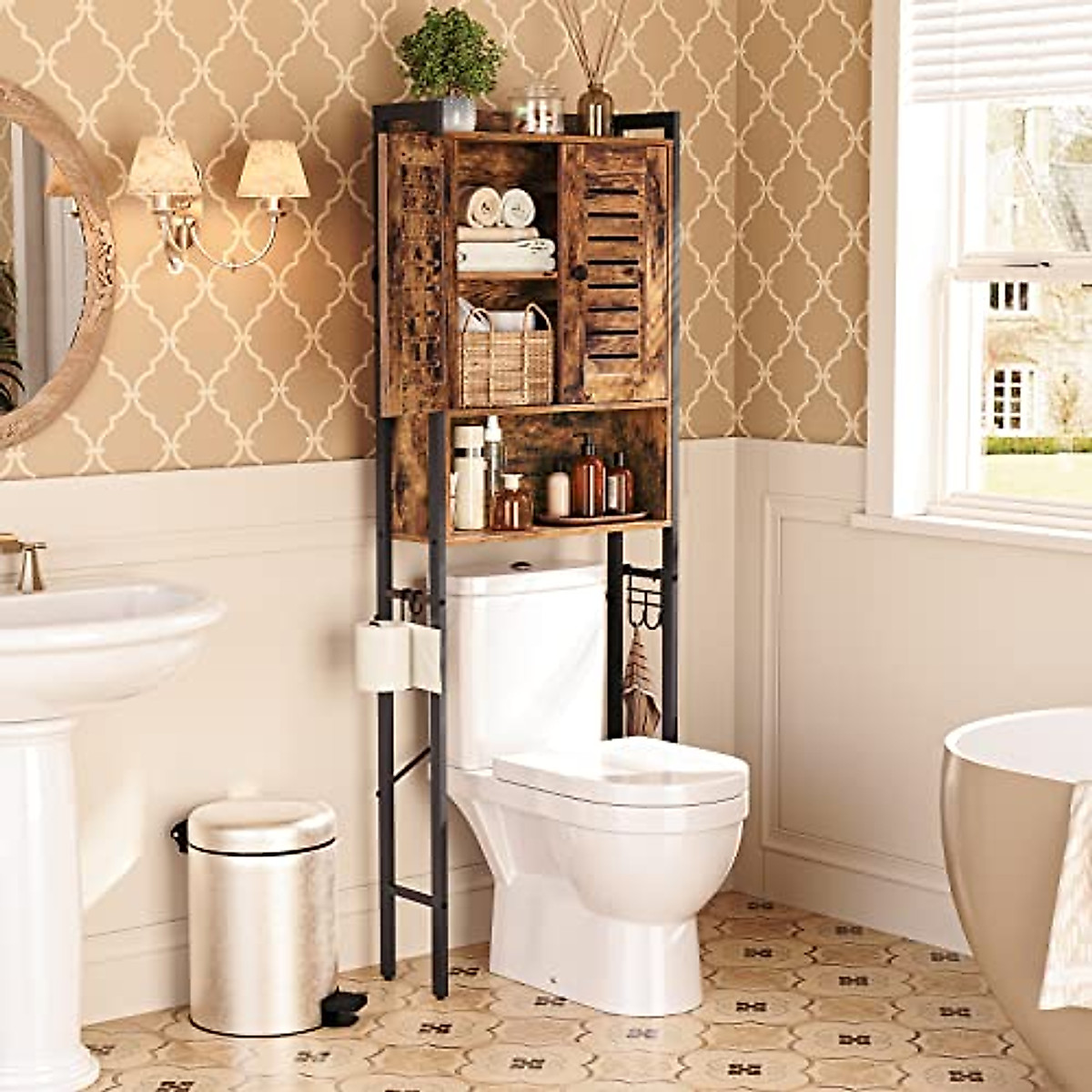 HOOBRO Over The Toilet Storage Cabinet, Mass-Storage Over Toilet Bathroom Organizer with Louver Door, X-Shaped Metal Frame, Space-Saving Toilet Rack, Easy Assembly, Rustic Brown BF431TS01