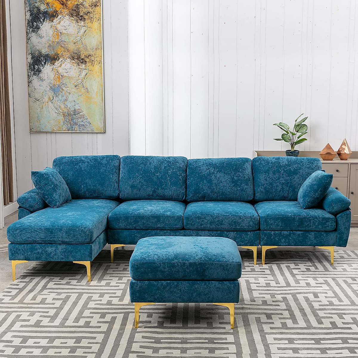 Pvillez Sectional Sofa with Chaise Lounge and Ottoman,Large Convertible Couches Set for Living Room,Plush Fabric L-Shape Couch with Golden Legs