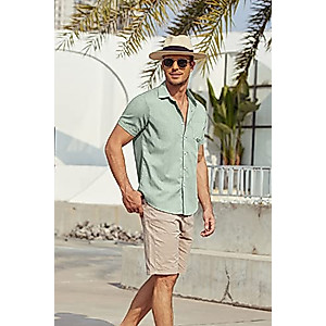 JINIDU Men Linen Shirts Short Sleeve Button Down Shirt Athletic Fit Dress Shirts Light Green