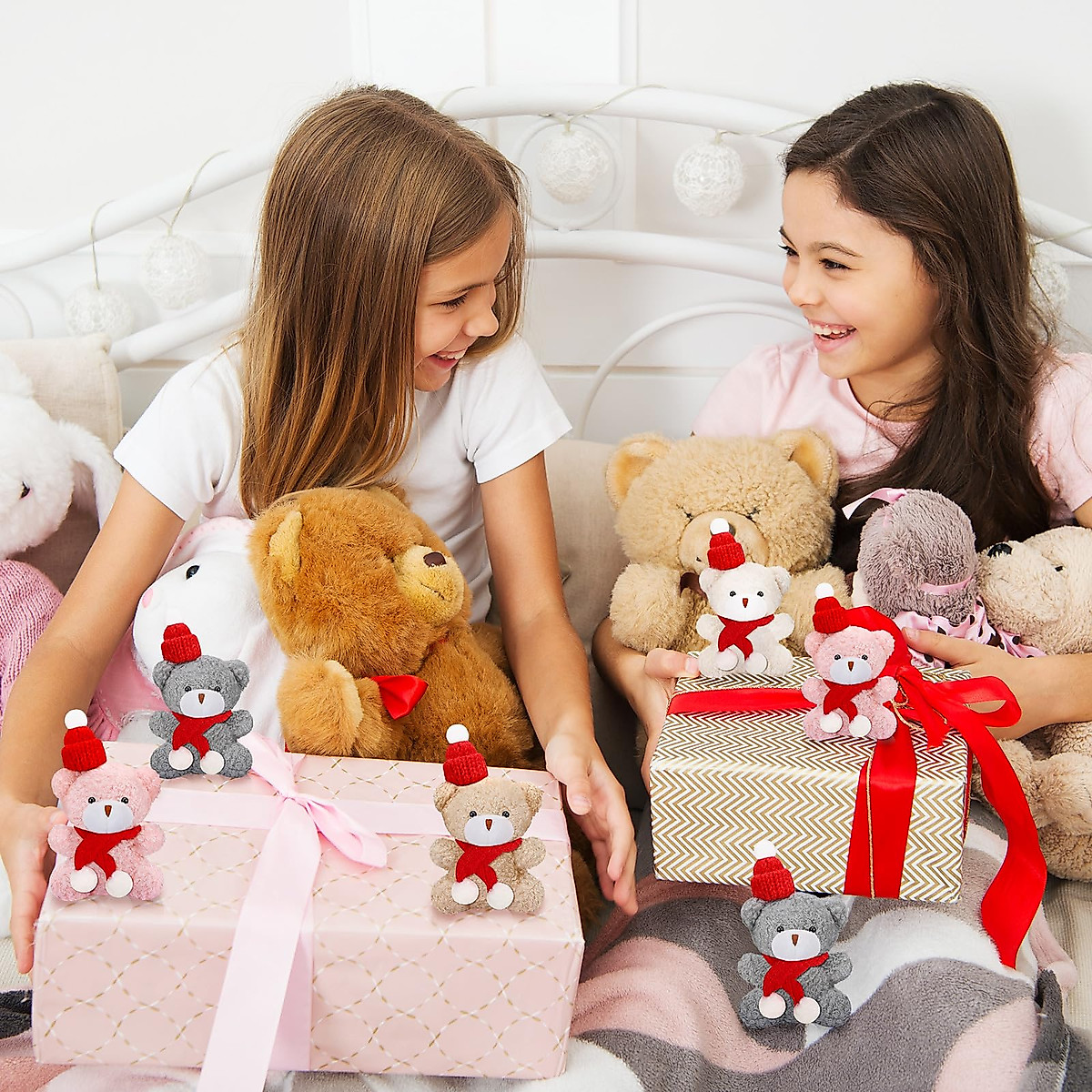 Jexine 12 Pcs Christmas Mini Plush Bears Bunny 3.14 Inch Tiny Stuffed Jointed Furry Doll Toys for DIY Gifts Christmas Tree Stocking Stuffers Keychain Baby Shower Wedding Party Favors(Cute Bear)