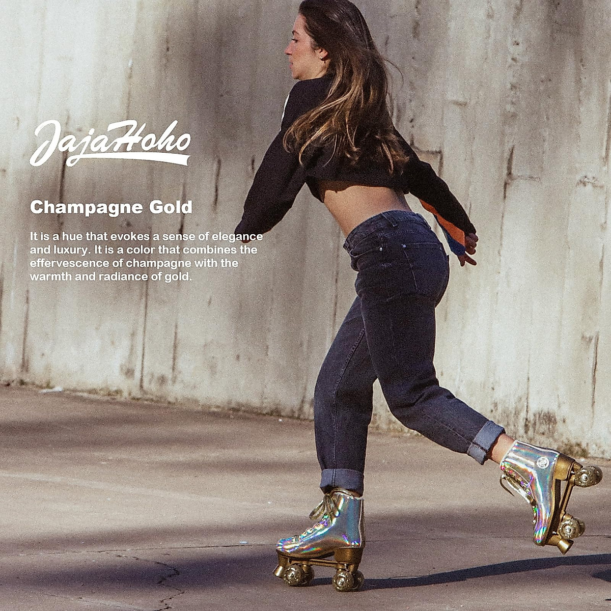 JajaHoho Roller Skates for Women, Holographic High Top PU Leather Rollerskates, Shiny Double-Row Four Wheels Quad Skates for Girls and Age 8-50 Indoor Outdoor (Size 8, Champagne Gold)