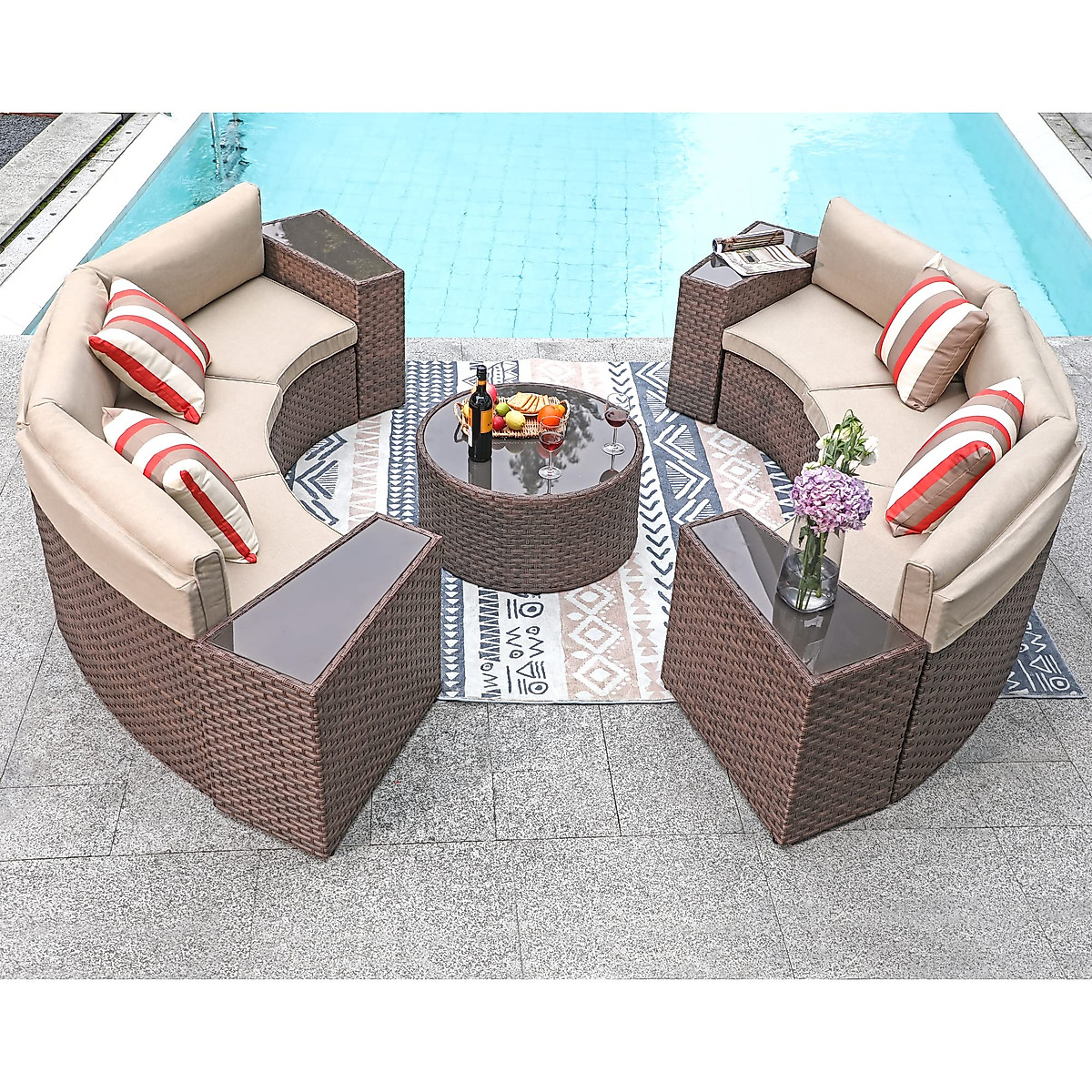 SUNSITT 11 Pieces Patio Furniture Set Outdoor Half-Moon Sectional Set with Round Coffee Table, Brown PE Wicker & Beige Cushion
