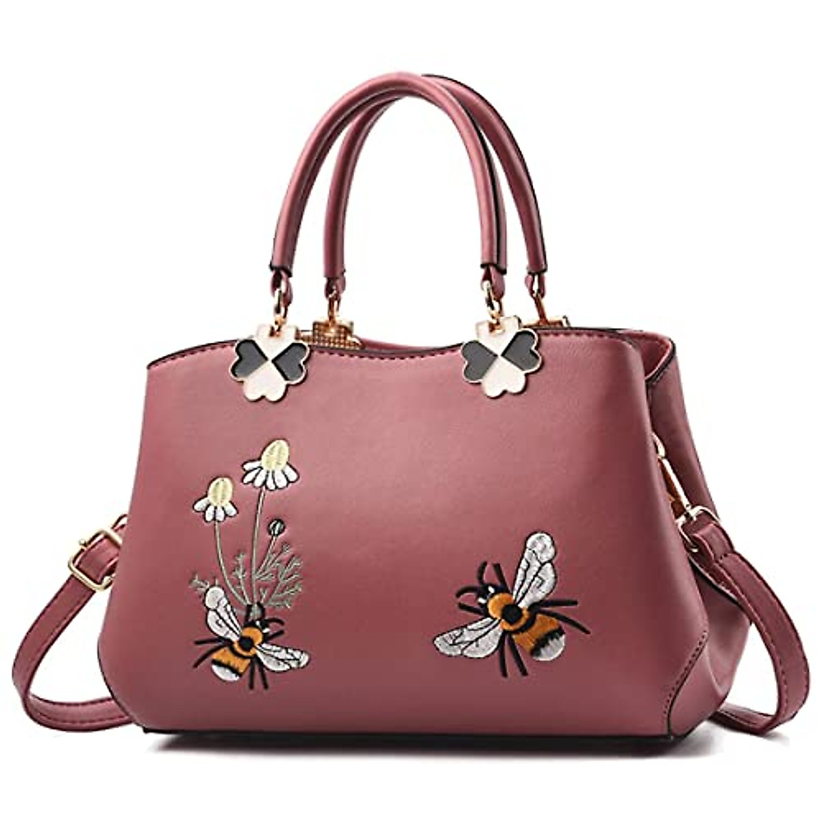 Women's PU Elegant Shoulder Bags Wild Handbags Satchel Embroidery Bee Flower Crossbody Purse (Pink)