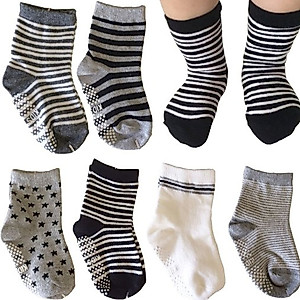 Kakalu 6 Pairs Assorted Non Skid Ankle Cotton Socks Baby Walker Boys Girls Toddler Anti Slip Stretch Knit Stripes Star Footsocks Sneakers Crew Socks with Grip for 16-36 Months Baby