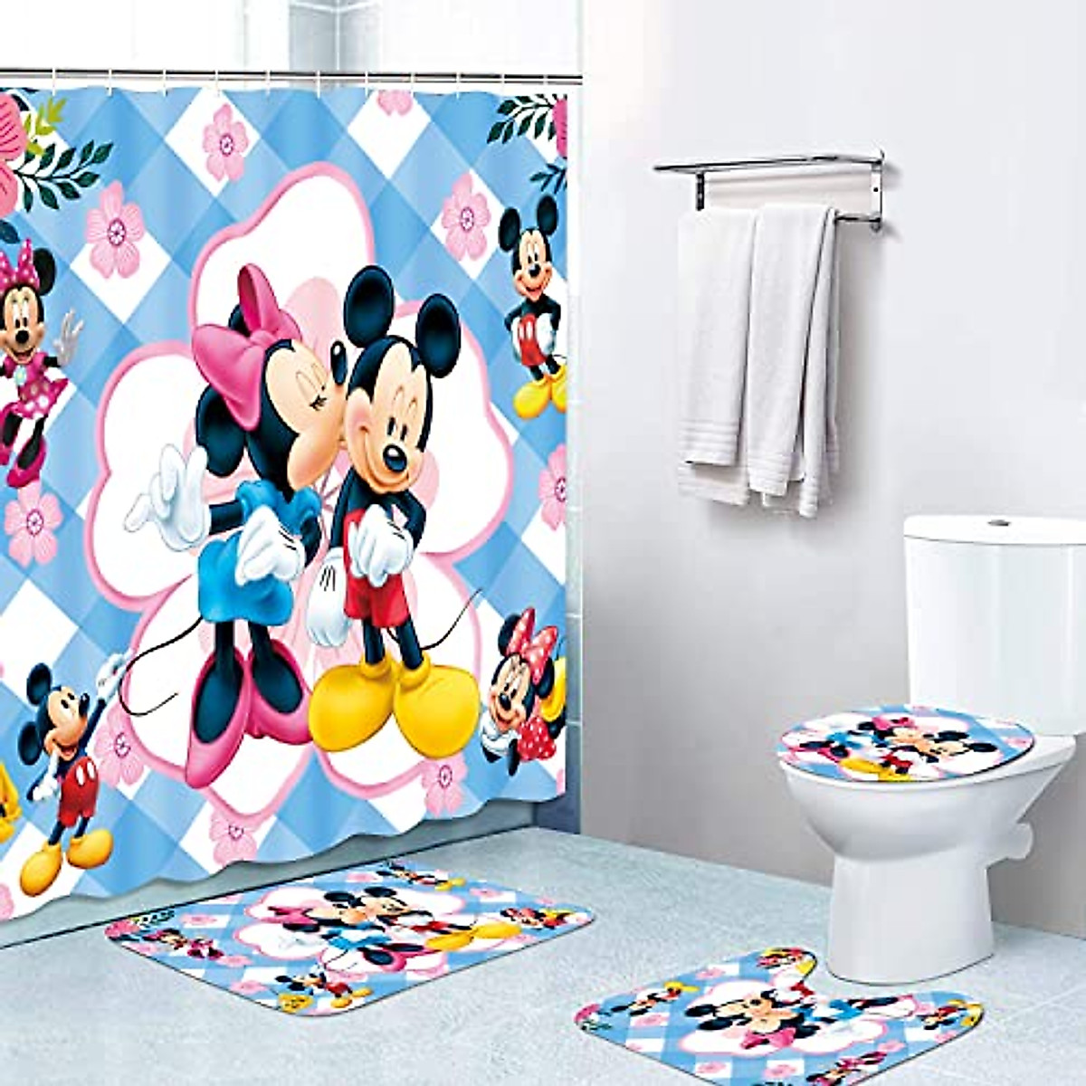 YQPBZCHH 4 Pcs Cartoon Shower Curtain Sets with Non-Slip Rug,Toilet Lid Cover and Absorbent Carpet Bath Mat,Durable Waterproof Shower Curtain with 12 Hooks for Bathroom (A)