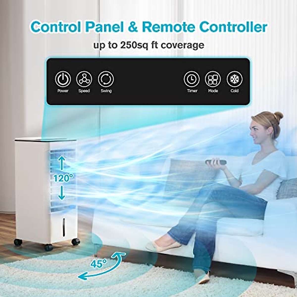 Portable Air Conditioners, 3-IN-1 Evaporative Air Cooler with Remote, 3 Modes 3 Speeds &12H Timer, 1.16Gal Portable AC, 5 Ice Packs & 4 Wheels, 45° Oscillation, Quiet Swamp Cooler for Room Home Office