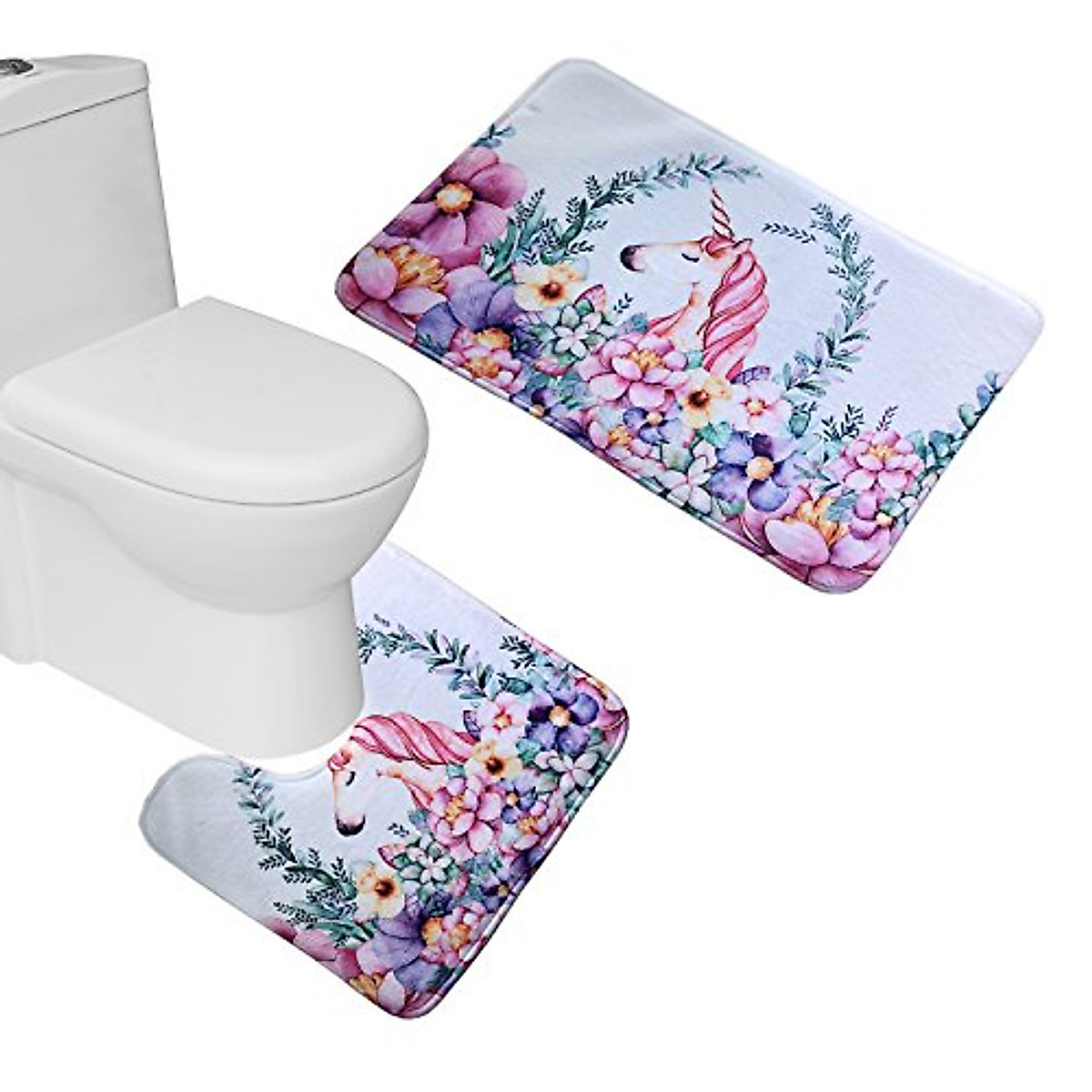 Amagical 3 Pieces Shower Curtain Set Bathroom Mat Set Unicorn Printed Bath Mat + Contour Mat + Shower Curtain + 12 Hooks