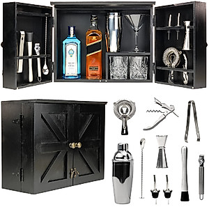 Excello Global Products Barndoor Bartender Cabinet with 10 Piece Bar Tool Set: The Perfect Kit for Home Bartenders (Black)