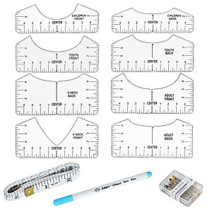 Koogel 8 Pcs Tshirt Ruler, T-Shirt Alignment Guide Tool Tshirt Ruler Guide T Shirt Rulers to Center Designs for Transparent V-Neck/Round T Ruler Children Youth Adult Front and Back Measurement