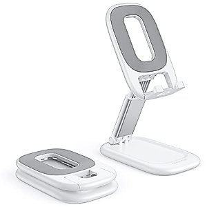 OMOTON Foldable Cell Phone Stand, Fully Portable Phone Stand for Deak Cell Phones Accessories, Height Adjustable Mobile Phone Holder Stand with Charging Hole, Compatible with All Smart Phones, White