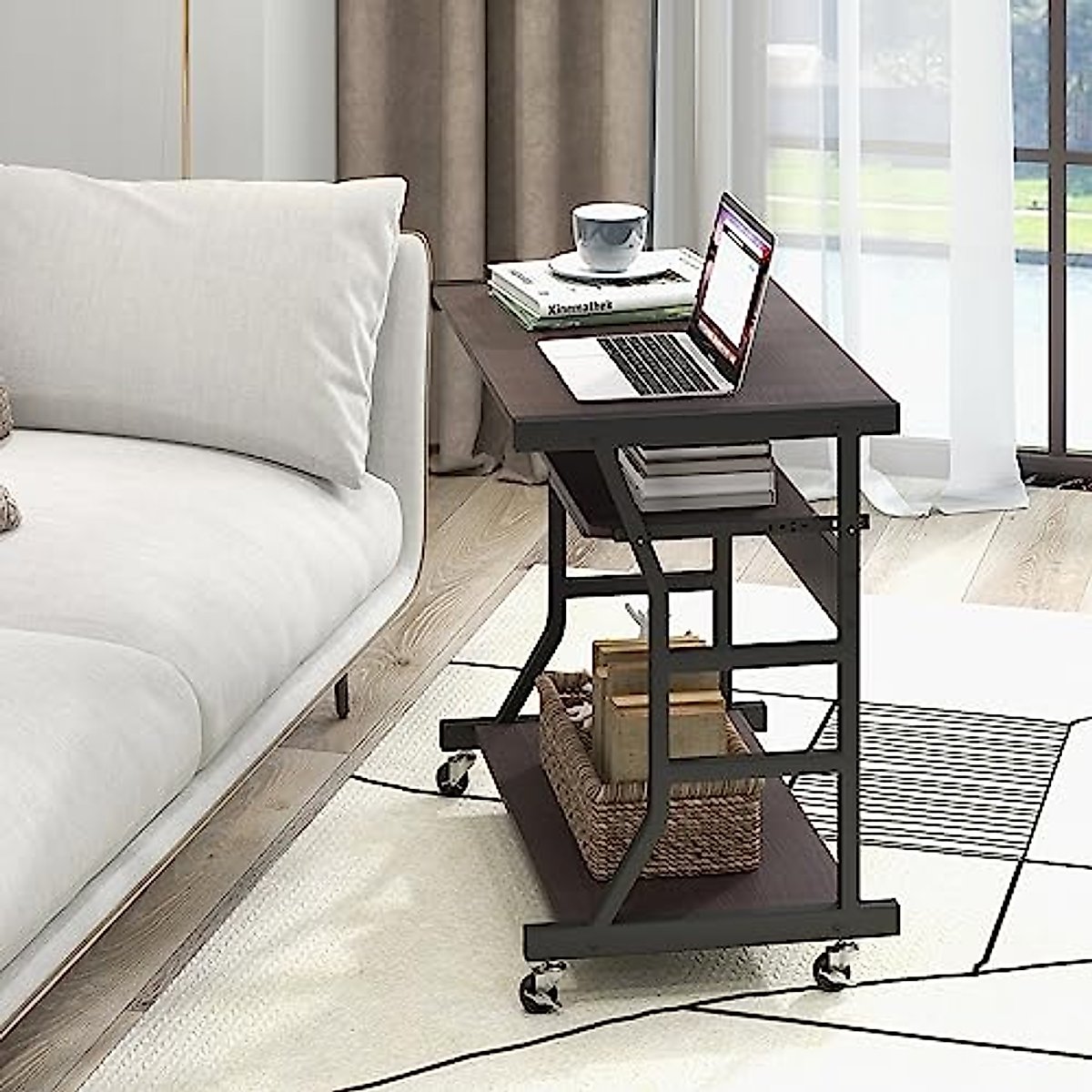 Tangkula Mobile Computer Desk with Keyboard Tray, Portable Small Rolling Desk with Mouse Tray & Bottom Storage Shelf, Rolling Laptop PC Desk Cart with Lockable Wheels for Small Space (Brown)