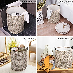 European Floral Laundry Basket Collapsible Bag with Easy Carry Handles, Large Waterproof Foldable Freestanding Hamper, Folding Washing Bin Clothes Storage Round Vintage Style Antique Bohemia Beige
