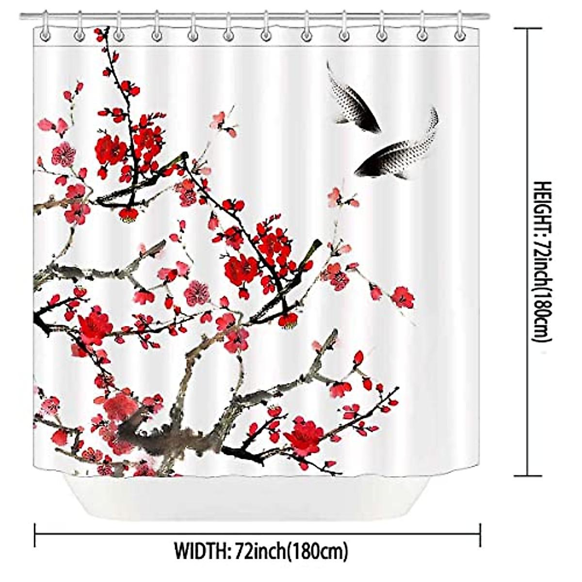 Dia Magico 4PCS Cherry Blossom Shower Curtain Set, Japanese Sakura Plum Blossom Red Flower Floral Branch Carp Koi Fish Asian Bathroom Decor, Waterproof Fabric White Shower Curtain, Non-Slip Bath Mat