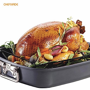 CHEFMADE Roasting Pan, 17-Inch Non-Stick Large Roasting Pan for Turkey, Roaster Lasagna Pan with V Rack Rectangular Deep Dish Oven-BBQ Bakeware for Oven Baking 17.1" x 14.1" x 3.3" (Black)