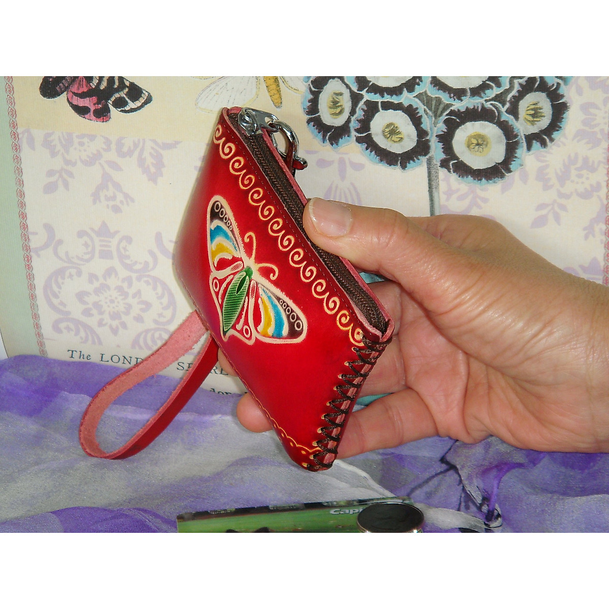 Leather Change Purse,rectangle shape,Hawaii Flower and butterfly Embossed, Handmade wallet,Wristlet and Zipper