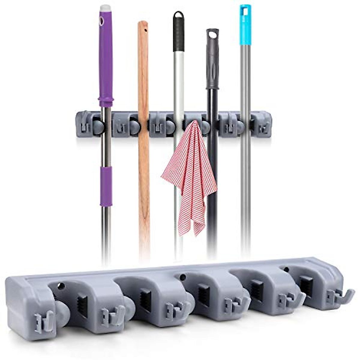 Braxxton Broom Mop Holder and Garden Tools Organizer Rack with 6 Heavy Duty Storage Hooks - Wall Mounted for Space Saving Storage