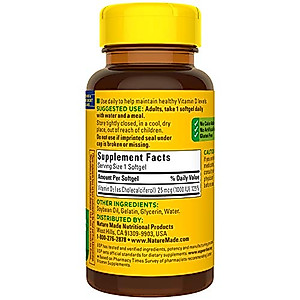 Vitamin D3, 100 Softgels, Vitamin D 1000 IU (25 mcg) Helps Support Immune Health, Strong Bones and Teeth, & Muscle Function, 125% of the Daily Value for Vitamin D in Only One Daily Softgel