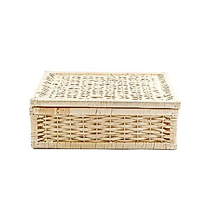 KINGWILLOW Wicker Basket with Lid, Rectangular Wooden Framed Woven Storage Bin with Inside Handles