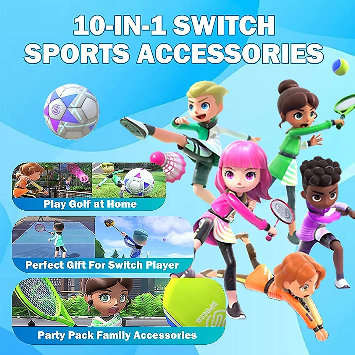 YIKESHU Switch Sports Accessories Bundle for Nintendo Switch, 10 in 1 Family NS Sport Game Switch OLED Kits with Tennis Rackets, Golf Clubs, Chambara Swords, Soccer Leg Straps & Joycon Grips