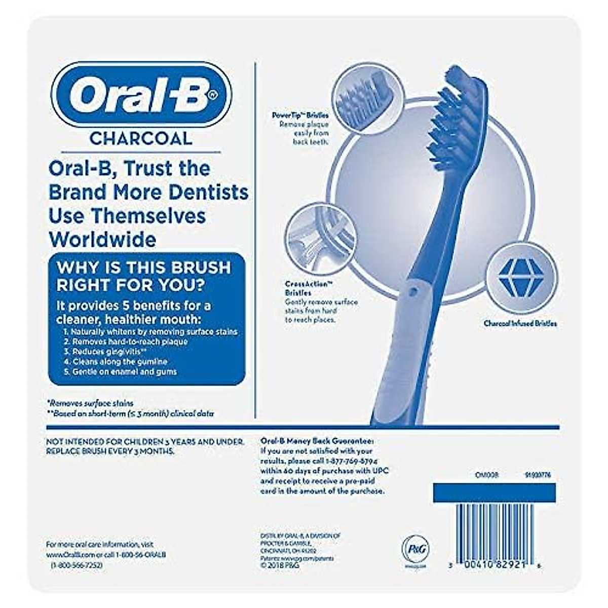 Oral-B Toothbrush Charcoal Infused CrossAction Bristles remove Plaque Stain Naturally Whitens Teeth (Medium)