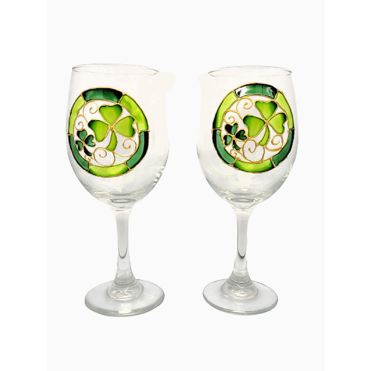 Lucky Green Shamrocks Hand Painted Stemmed Wine Glasses Set of 2