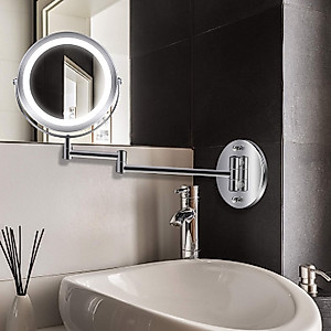 Wall Mounted Makeup Mirror, 1X 10X Magnification 360 Degree Rotation Double Sided Led Lighted Vanity Mirrors for Bathroom AC Adapter or Battery Operated