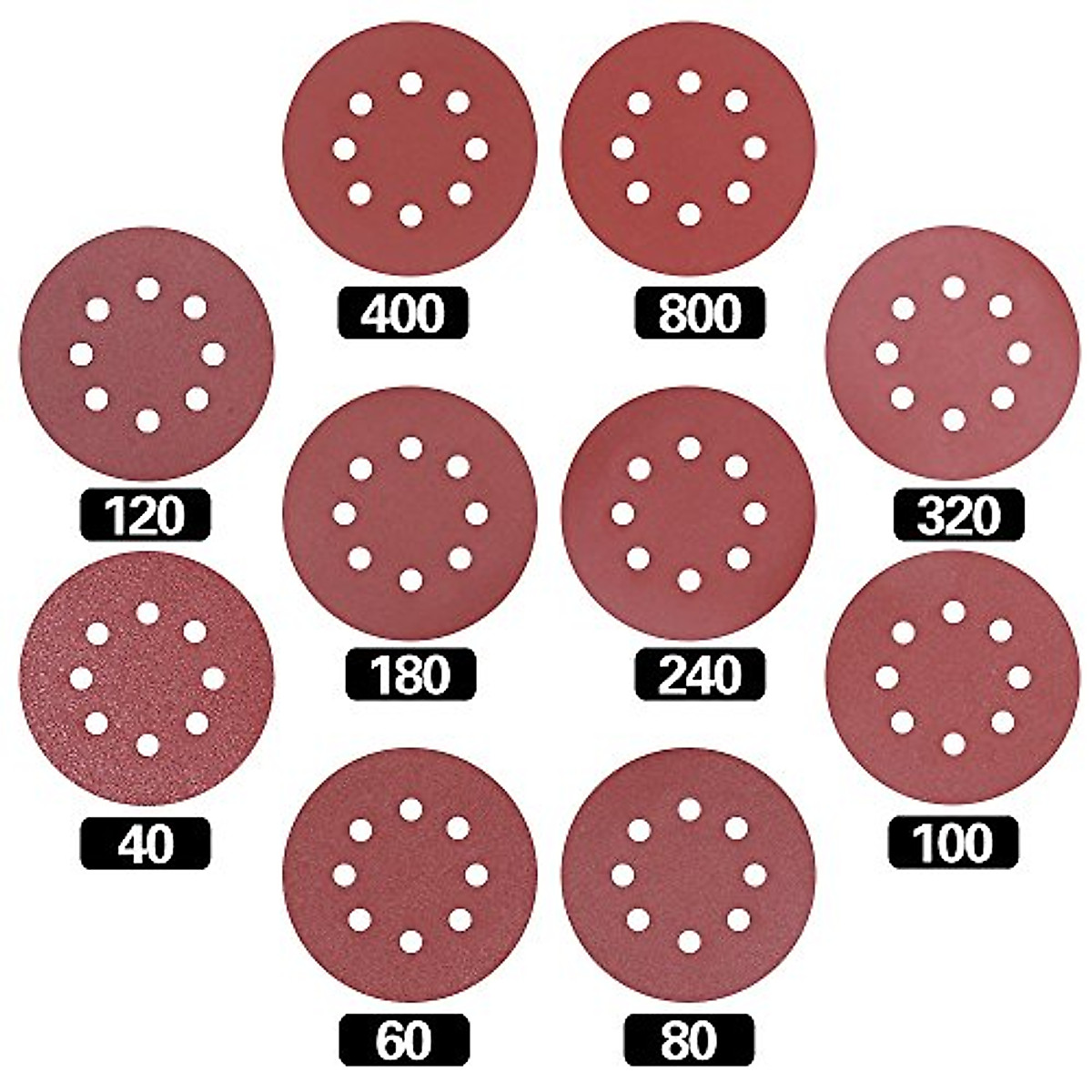 Swpeet 60 Pcs 10 Sizes 5 Inch 8 Hole Sanding Discs Sandpaper Hook and Loop Pads for Circular Sander Grits Sanding Sheets 10 Sizes - 40/60 / 80/100/ 120/180 / 240/320 / 400/800 Grits